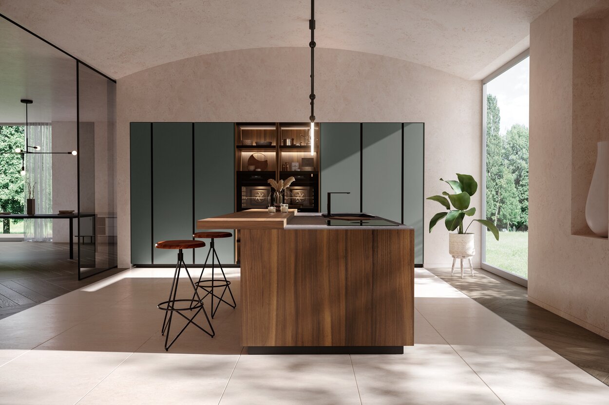 Cucina Ménta in legno di noce e verde polvere | Miton Cucine