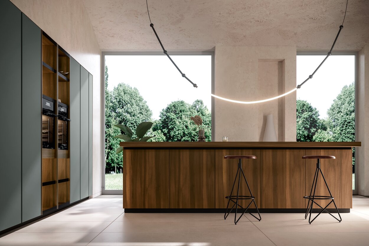 Cucina Ménta in legno di noce e verde polvere | Miton Cucine
