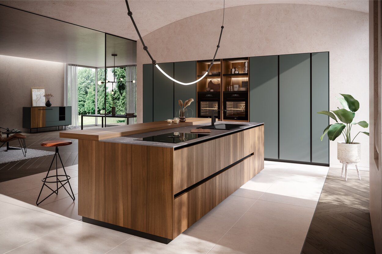 Cucina Ménta in legno di noce e verde polvere | Miton Cucine