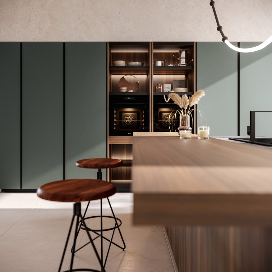 Cucina Ménta in legno di noce e verde polvere | Miton Cucine